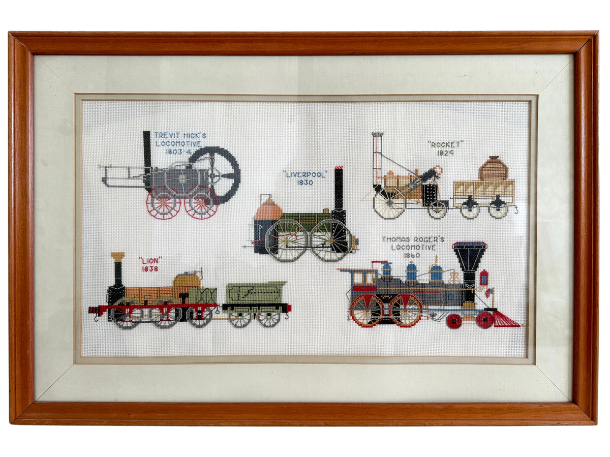Vintage framed cross stitch of a collection of steam trains / locomoti ...